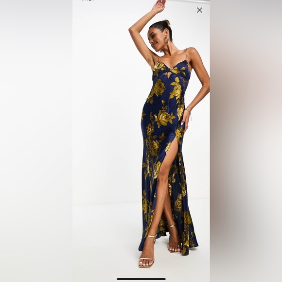 ASOS | Dresses | Asos Blue And Gold Slit Maxi Gown | Poshmark